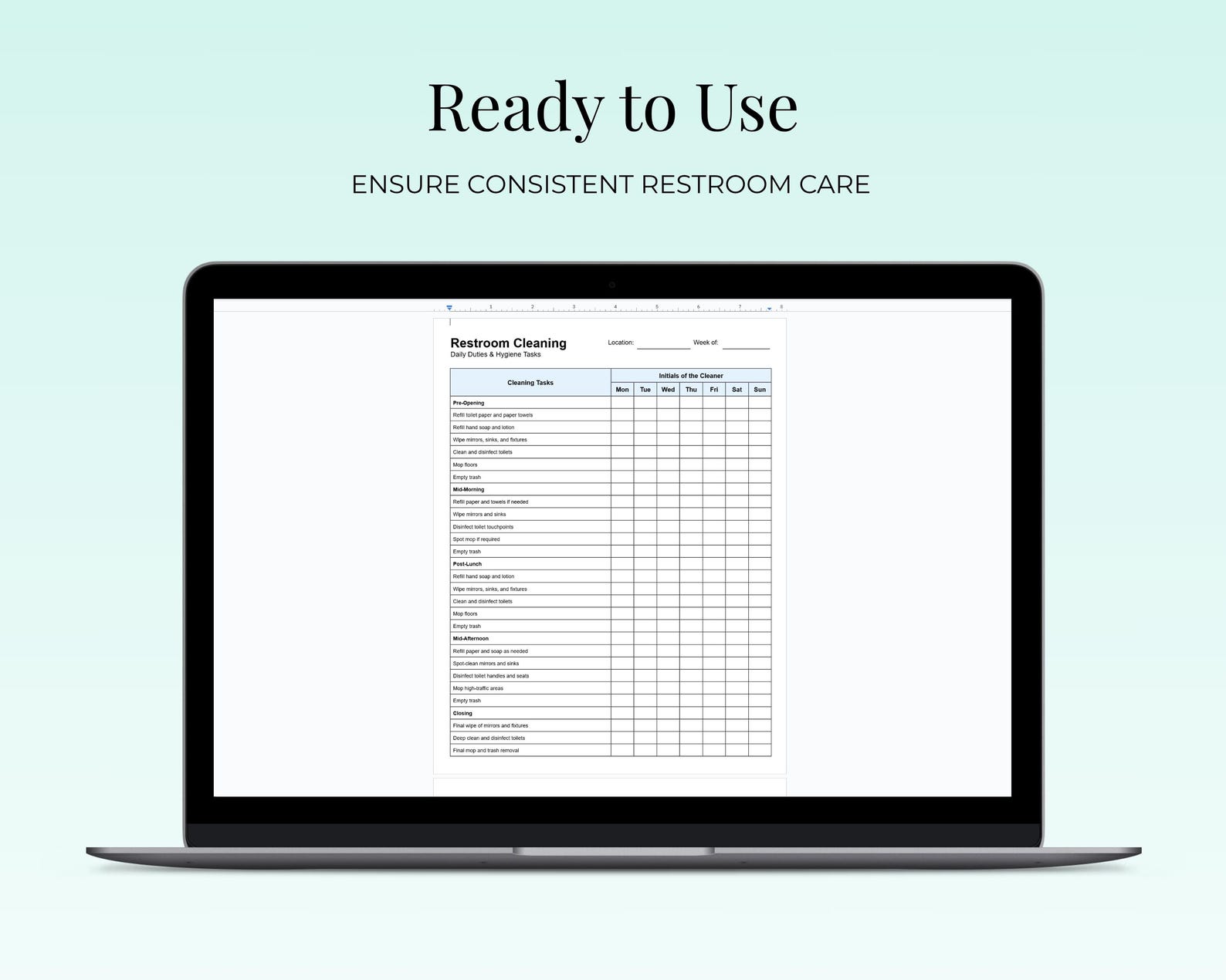 Editable Restroom Cleaning Checklist Template | Daily Bathroom Cleaning ...
