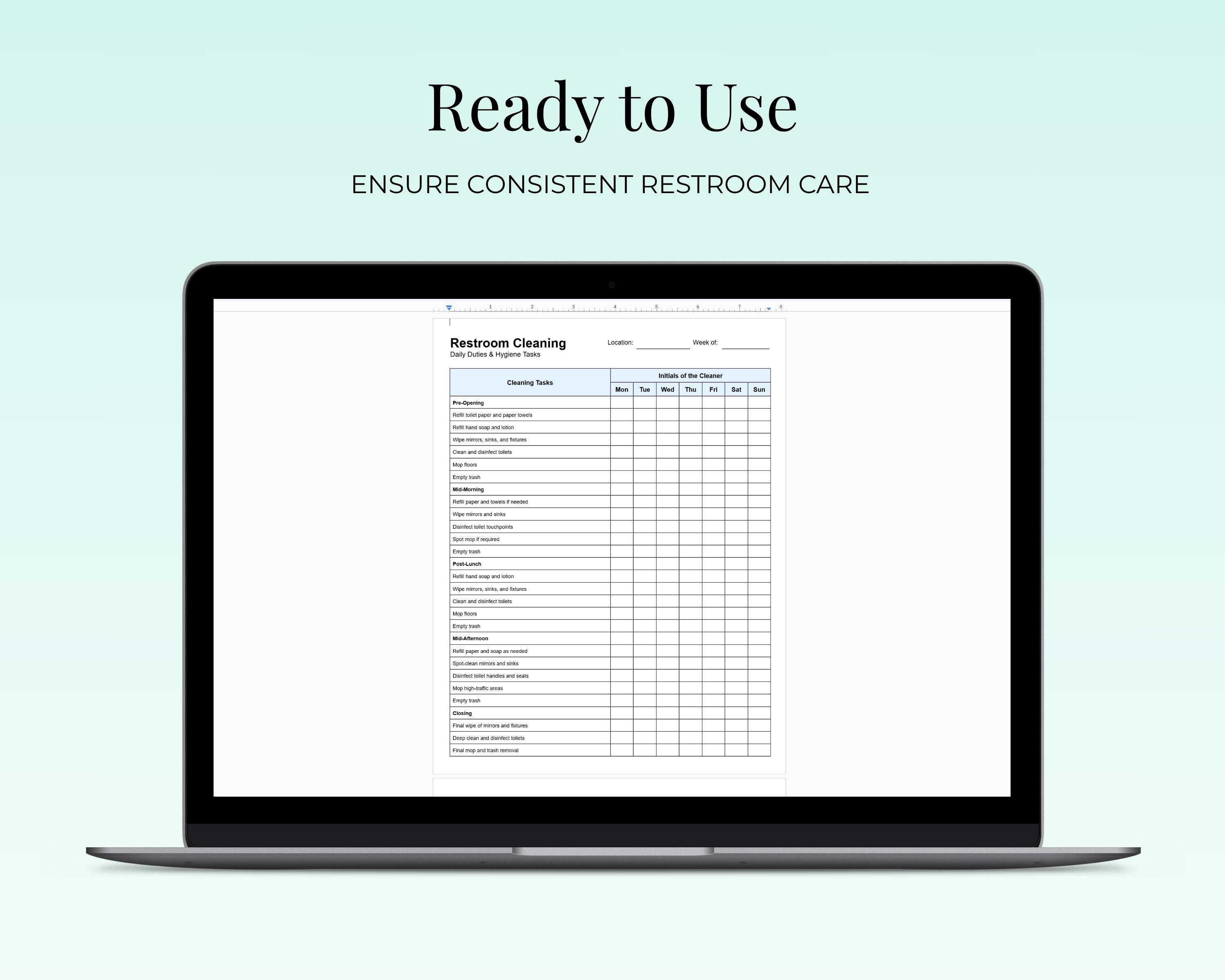 Editable Restroom Cleaning Checklist Template | Daily Bathroom Cleaning ...