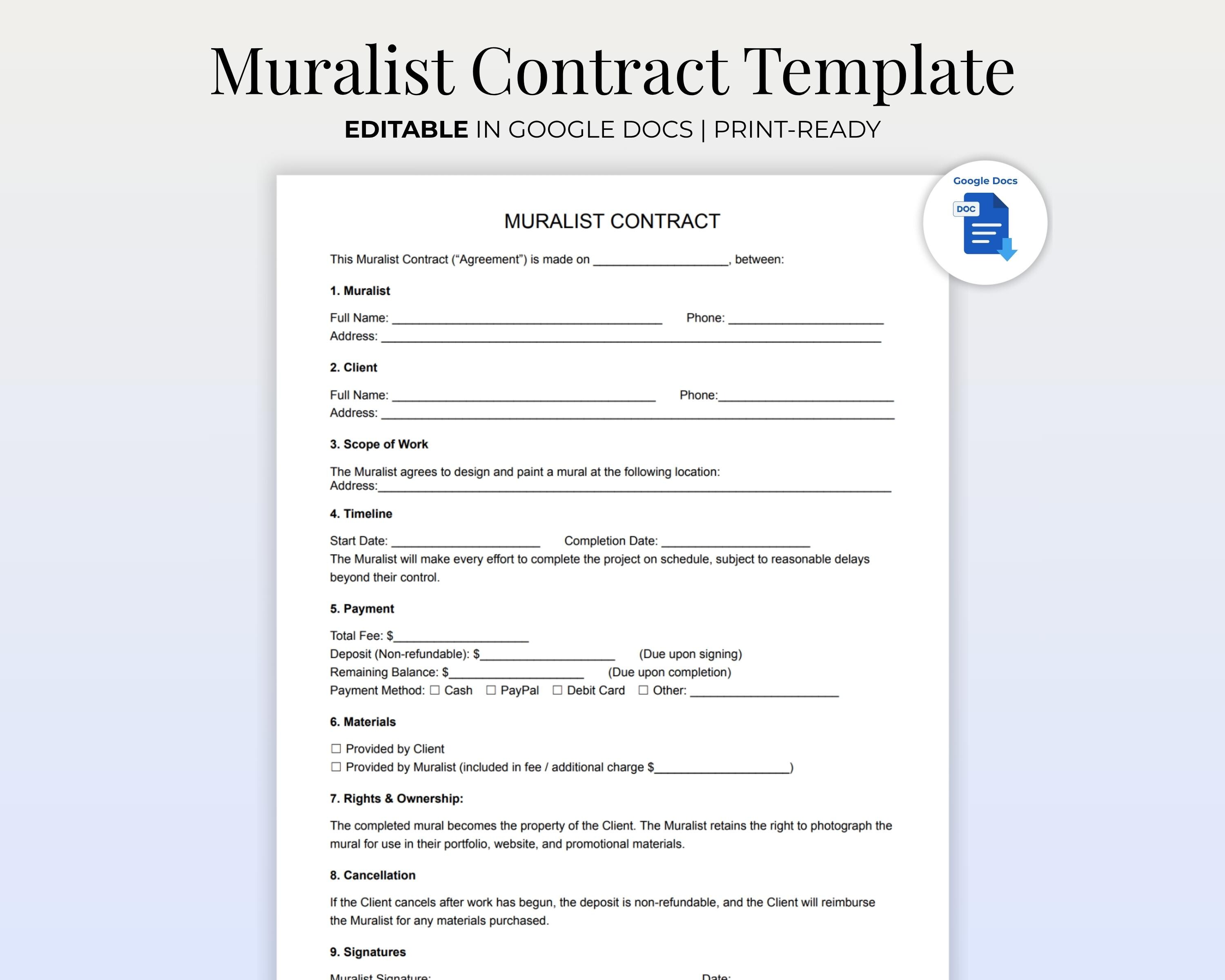 Editable Muralist Contract Template (google Docs) | Artist Commission Agreement | Wall Art ...