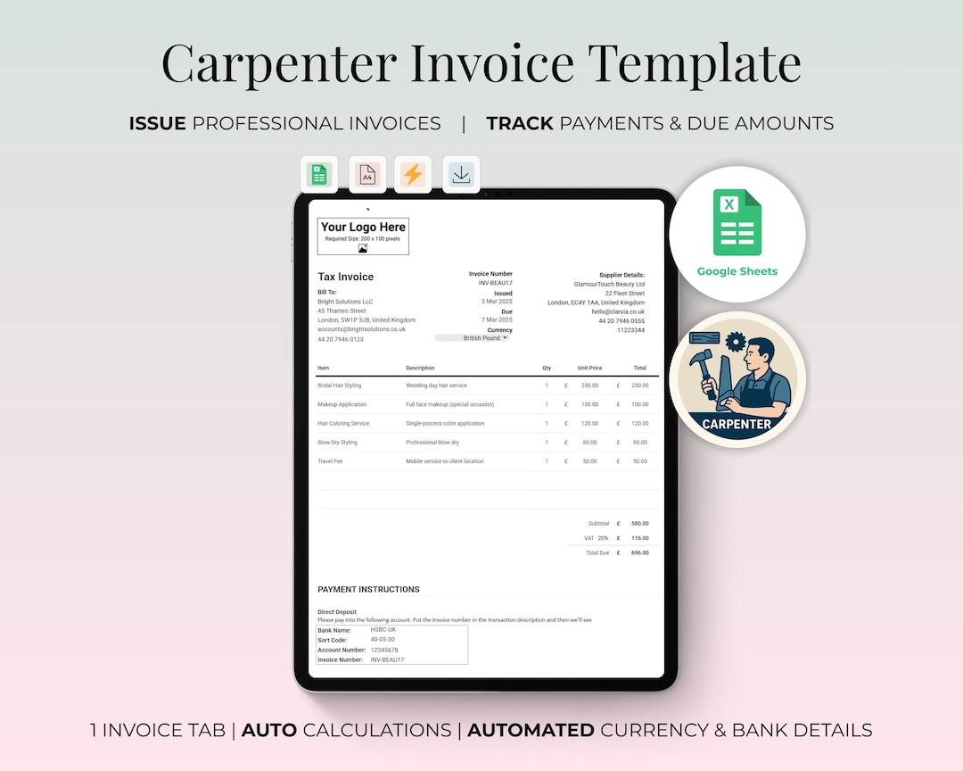 Carpenter Invoice Template | Google Sheets | Editable With Auto ...