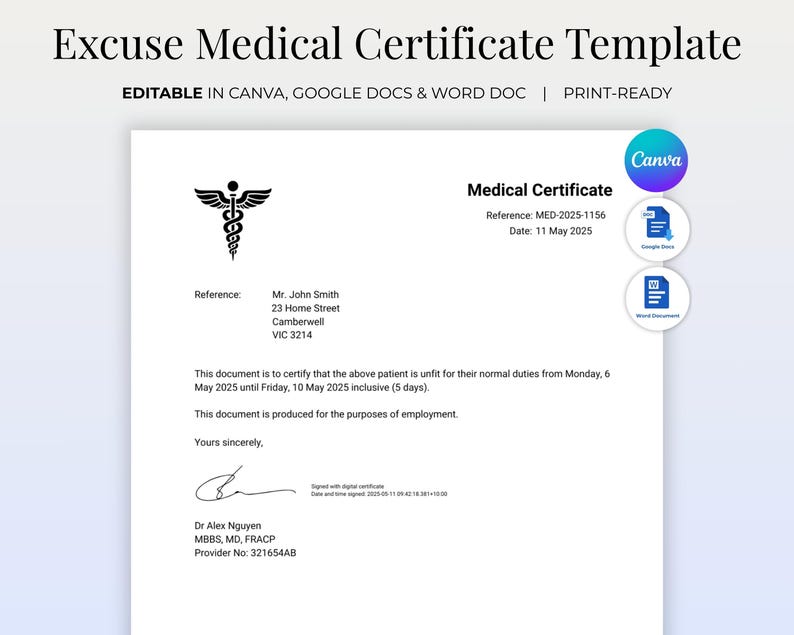 Editable Dr Note With Signature – Doctor Excuse Note for Work or School | Canva, Word & Google ...