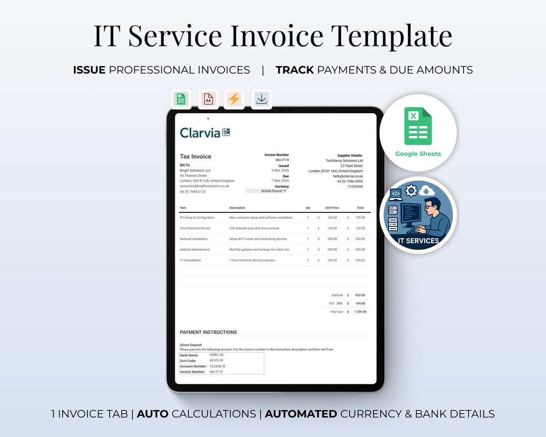 IT Services Invoice Template | Google Sheets | Editable | Auto Currency ...
