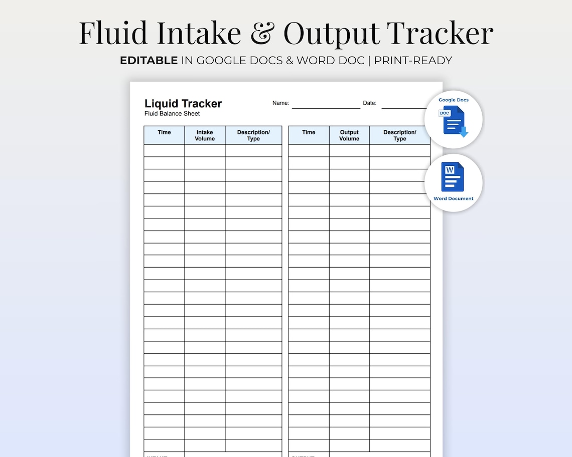 Fluids Intake and Output Record | Fluid Balance Chart | Intake Output ...