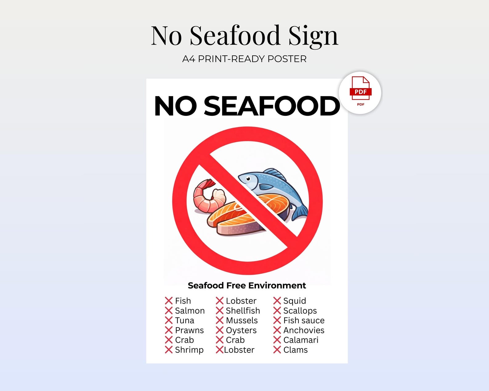 No Seafood Sign Printable A4 | Seafood Free Environment Poster ...