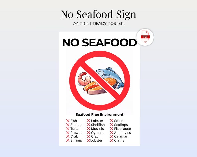No Seafood Sign Printable A4 | Seafood Free Environment Poster ...