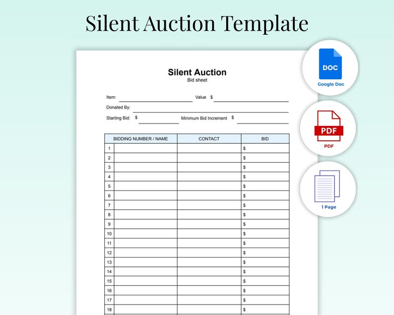 Silent Auction Bid Sheet A4 Printable PDF & Editable Google Docs ...