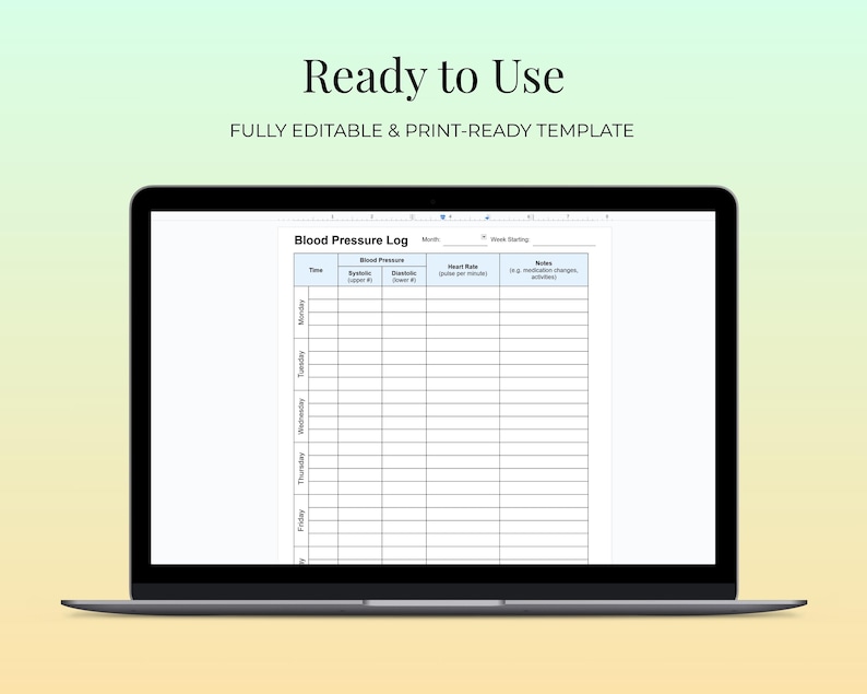 Blood Pressure Log Template Editable & Printable | A4 Tracker PDF and ...