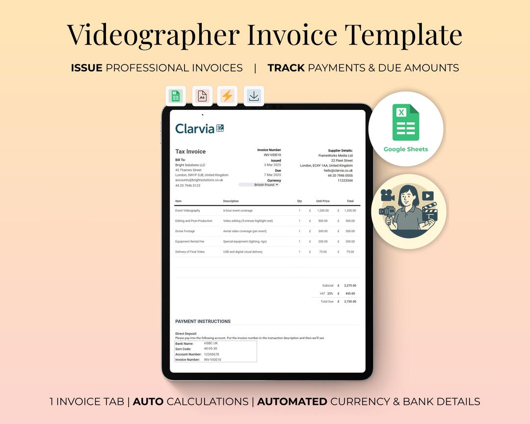 Videographer Invoice Template | Google Sheets | Media Agency Invoice ...