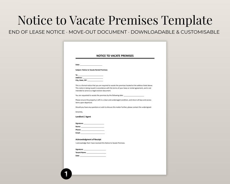 Notice to Vacate Premises Template · Lease Termination Form · Editable ...