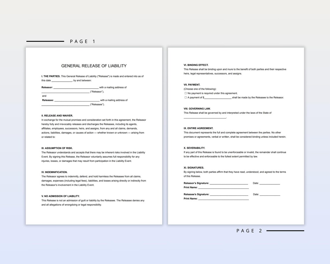 General Release of Liability Template | Editable Waiver, Indemnity ...