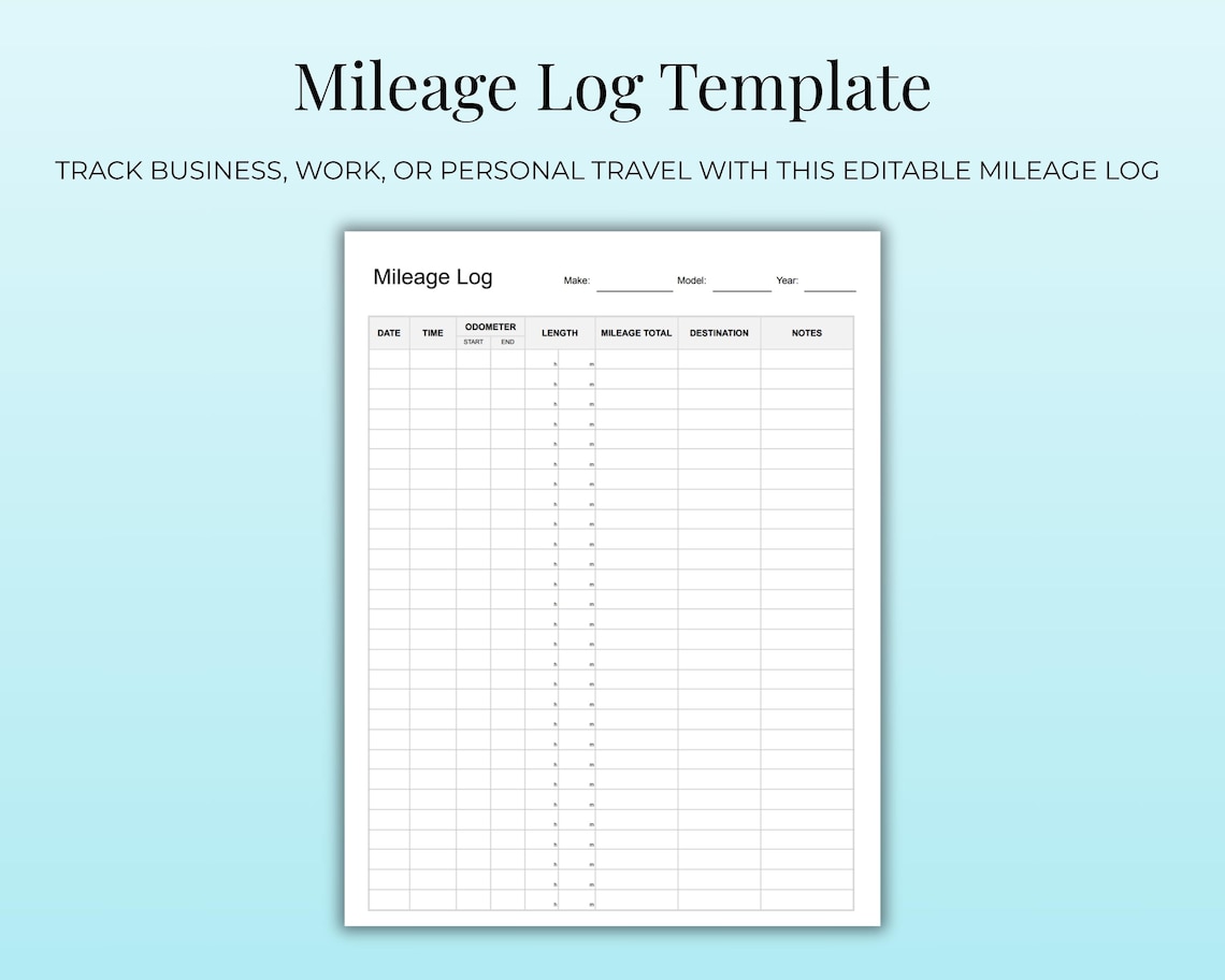 Mileage Tracker Printable | Editable Mileage Log (PDF and Word) | Car ...