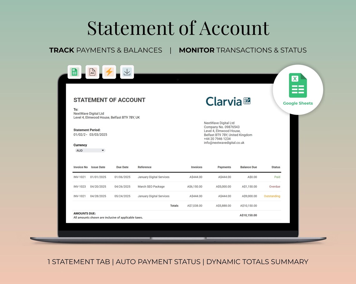 Statement of Account Template Google Sheets | Invoice Payment Tracker ...