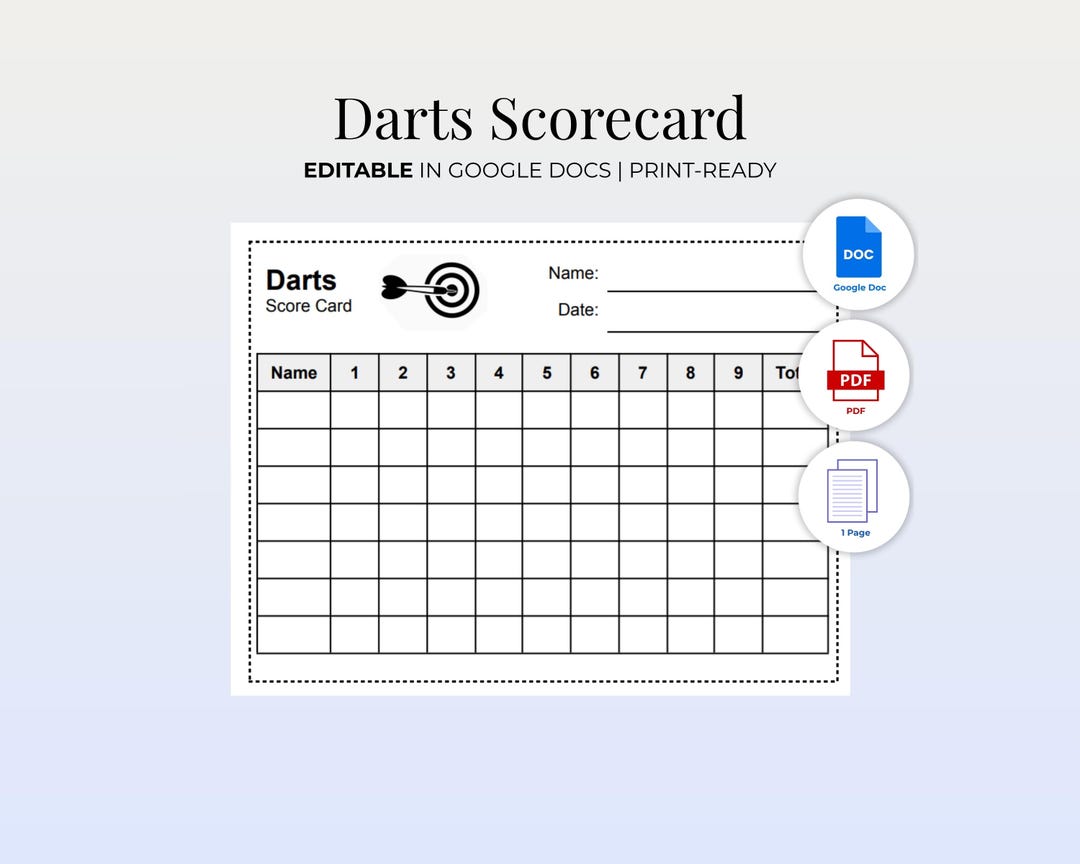 Printable Darts Score Card | Darts Game Score Sheet | Pub Night Game | Bar Party Game | Score ...