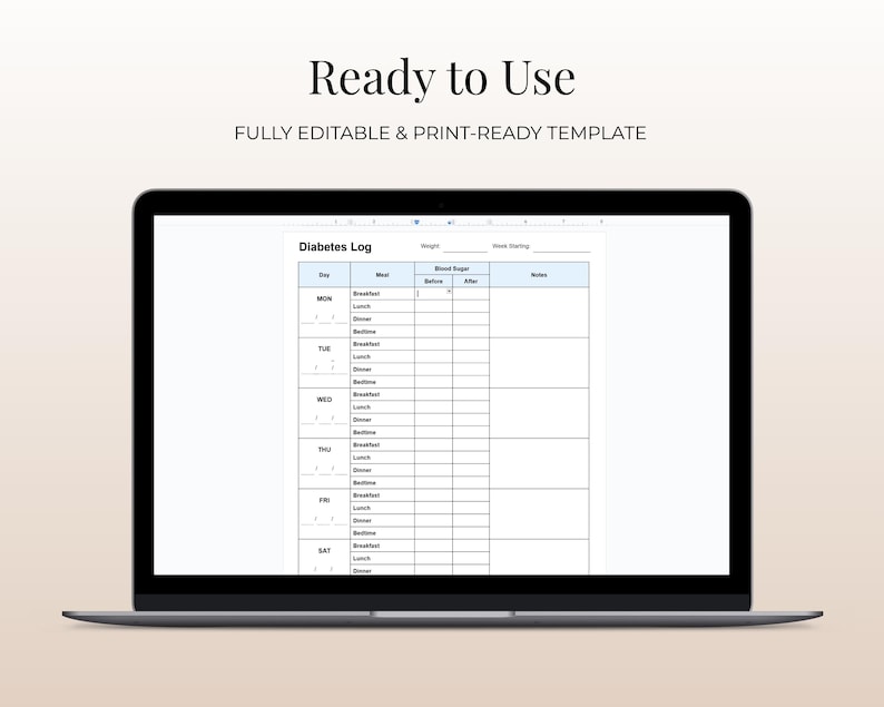 Diabetes Log Template Editable & Printable | A4 Blood Sugar Tracker PDF ...