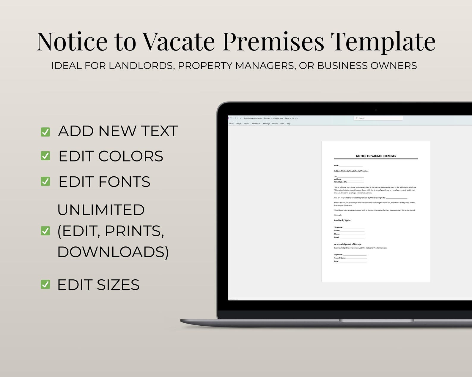 Notice to Vacate Premises Template · Lease Termination Form · Editable ...