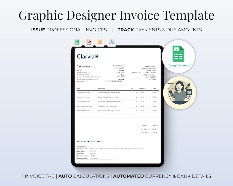 Graphic Designer Invoice Template | Google Sheets | Editable | Auto ...