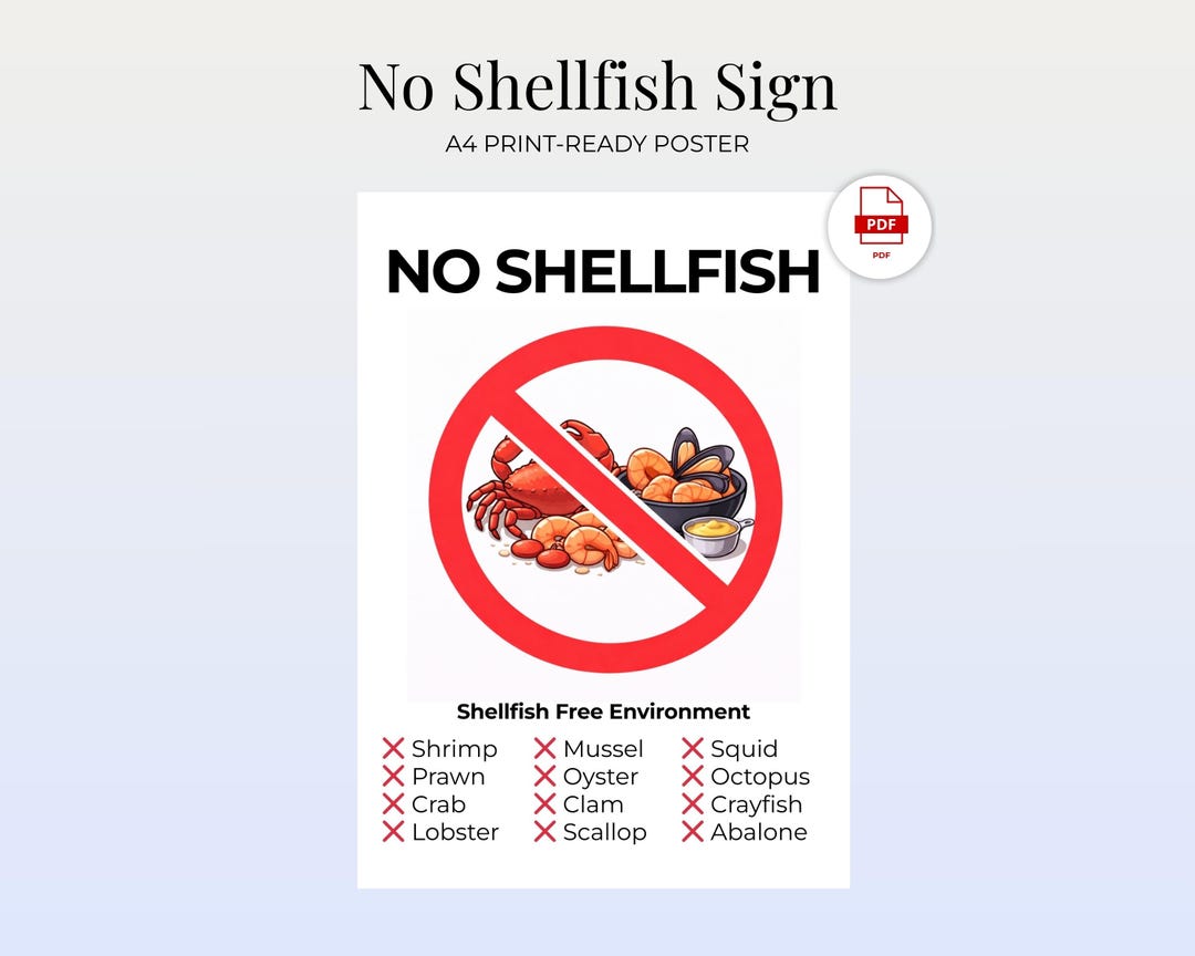 No Shellfish Sign Printable A4 | Shellfish Free Environment Poster ...