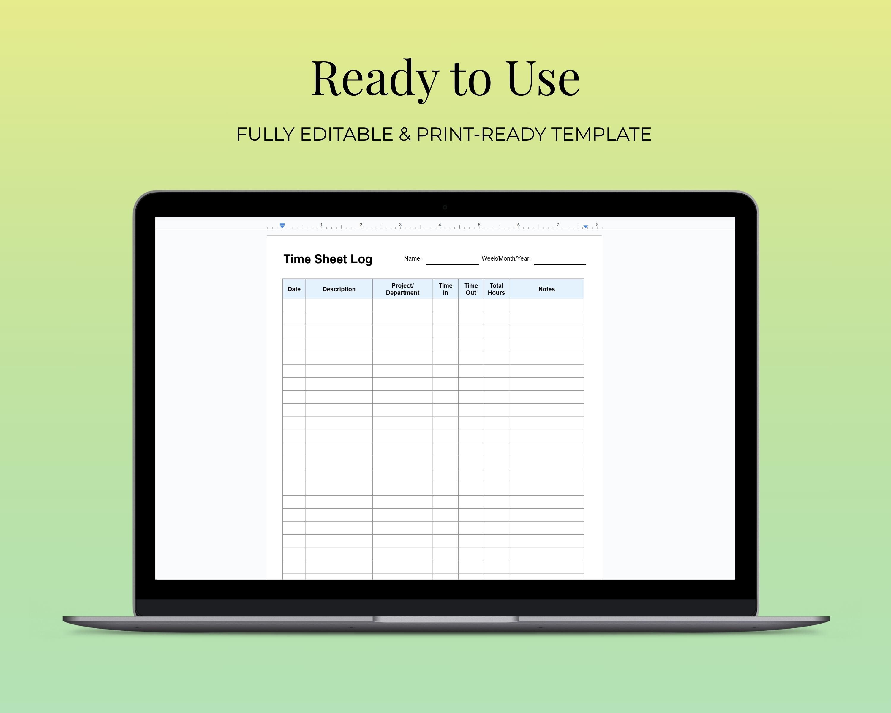 Time Sheet Log Template Editable & Printable | A4 Timesheet PDF and ...