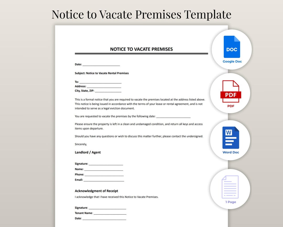 Notice to Vacate Premises Template · Lease Termination Form · Editable ...