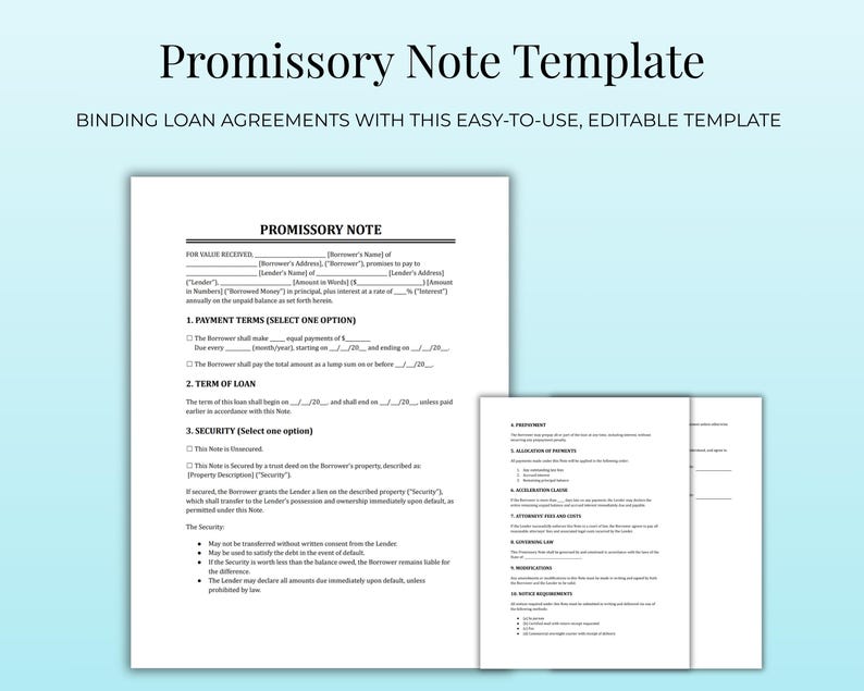 Promissory Note Template – Loan Agreement Form – Google Docs Editable – A4 Format – Instant ...
