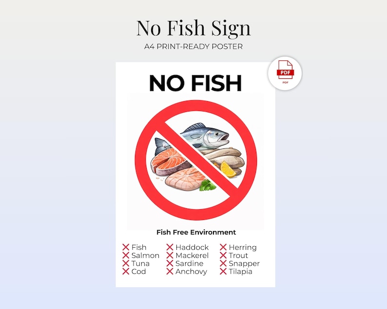 No Fish Sign Printable A4 | Fish Free Environment Poster | Fish Allergy ...