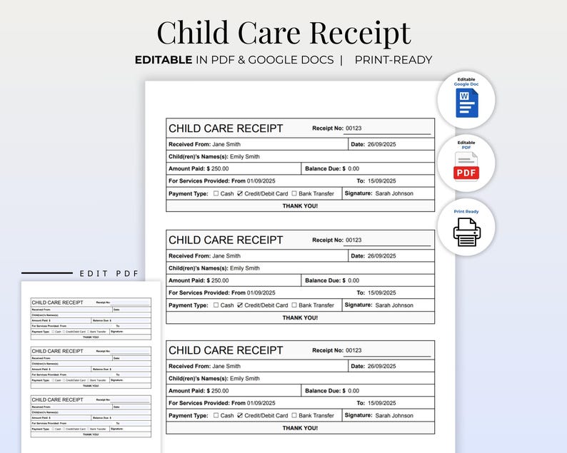 Daycare Receipt Printable | Child Care Payment Form | Babysitting ...