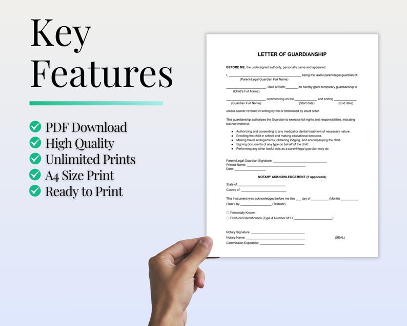 Letter of Guardianship Template | Editable Legal Custody Form | Notary ...