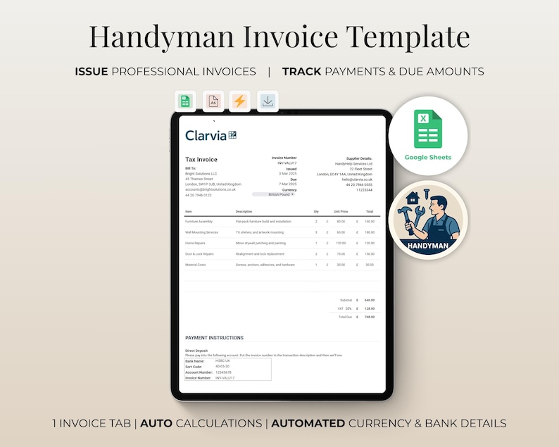 Handyman Invoice Template | Google Sheets | Editable | Auto Currency ...