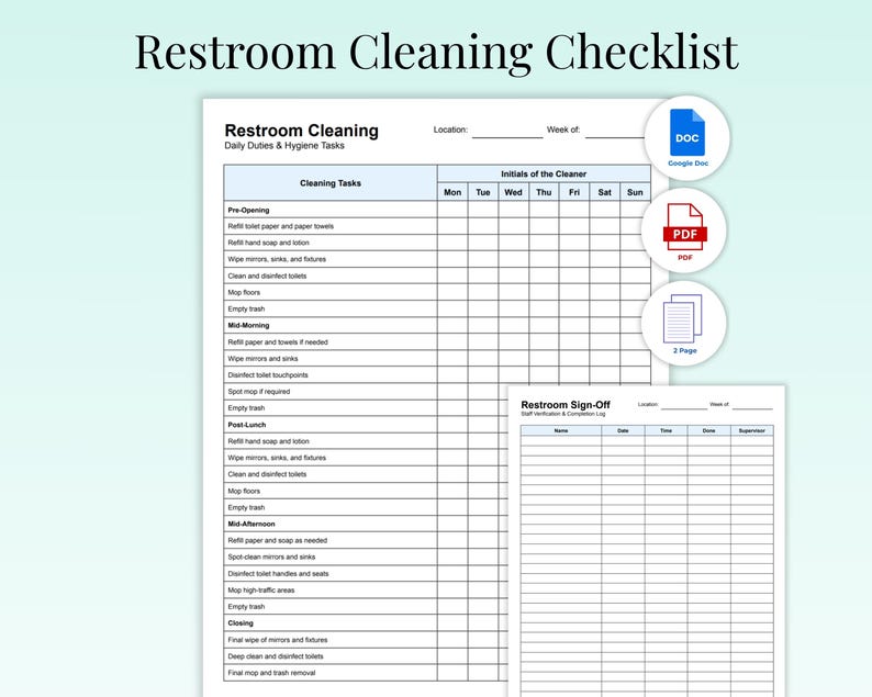 Editable Restroom Cleaning Checklist Template | Daily Bathroom Cleaning Log Printable PDF ...