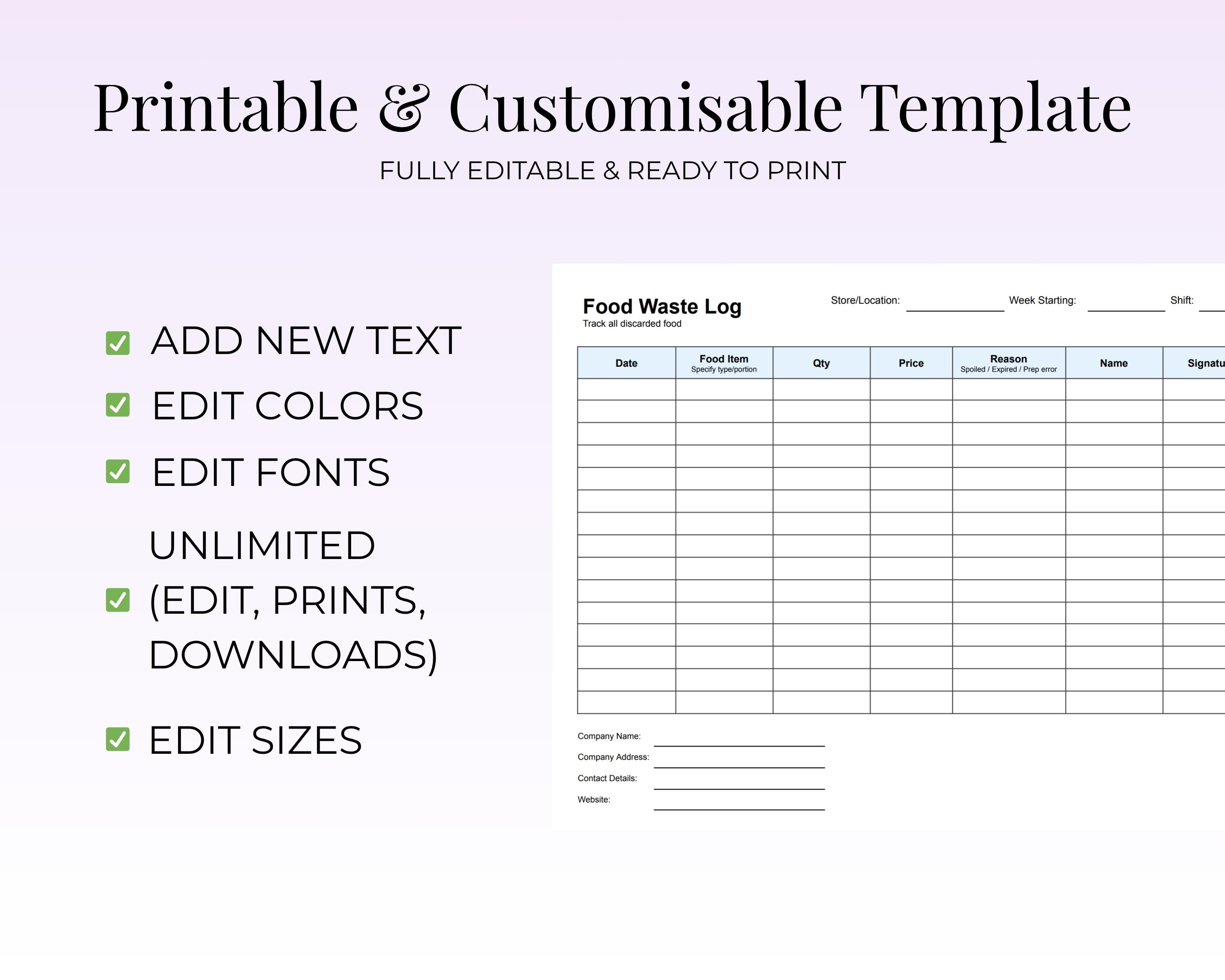 Food Waste Log Sheet | Track Spoiled, Expired & Prep Error Waste ...