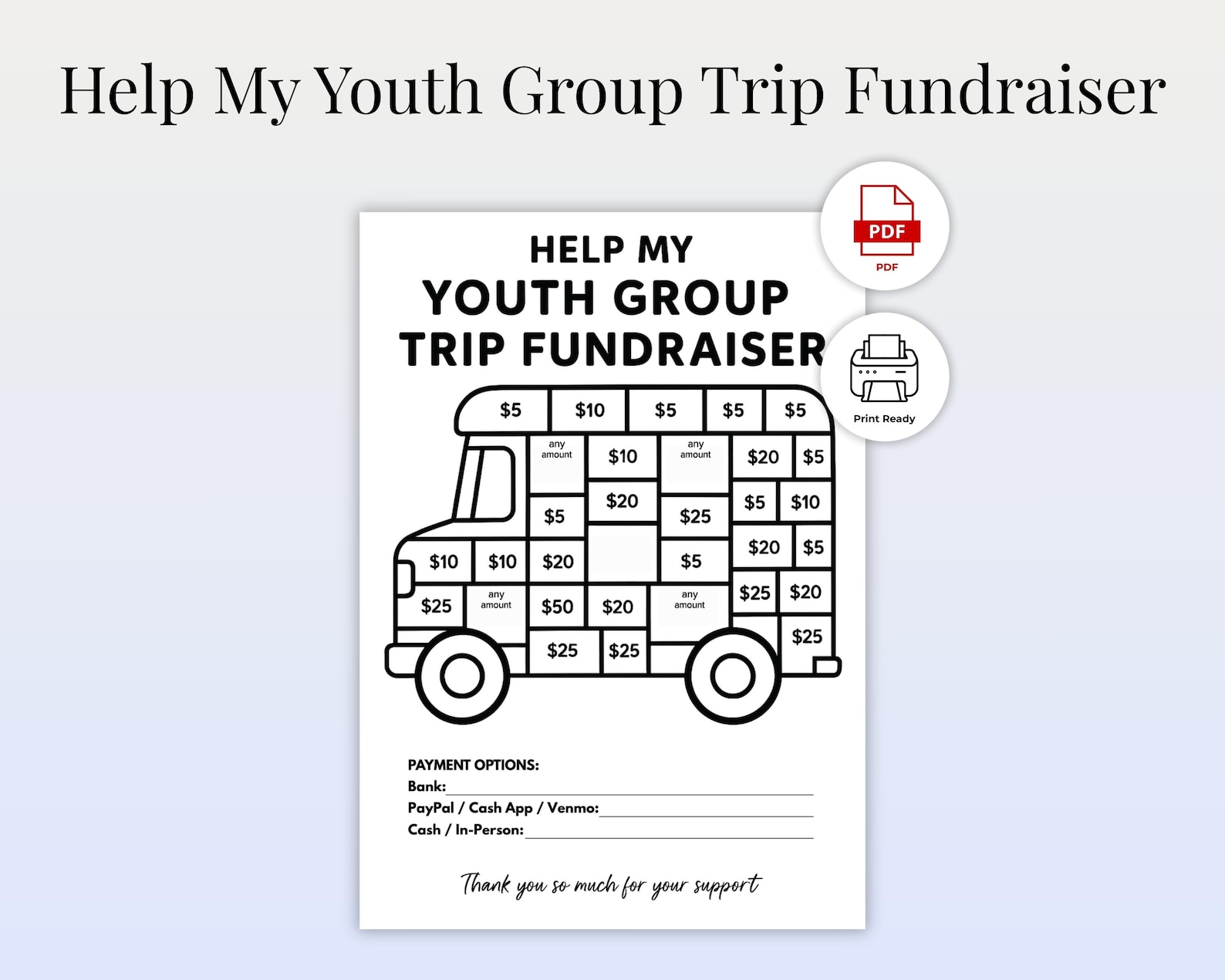 Youth Group Trip Fundraiser Chart | Church Trip Donation Printable ...