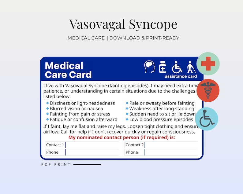 Vasovagal Syncope Assistance Card – Fainting Episode Support Card | Printable Disability Care ...