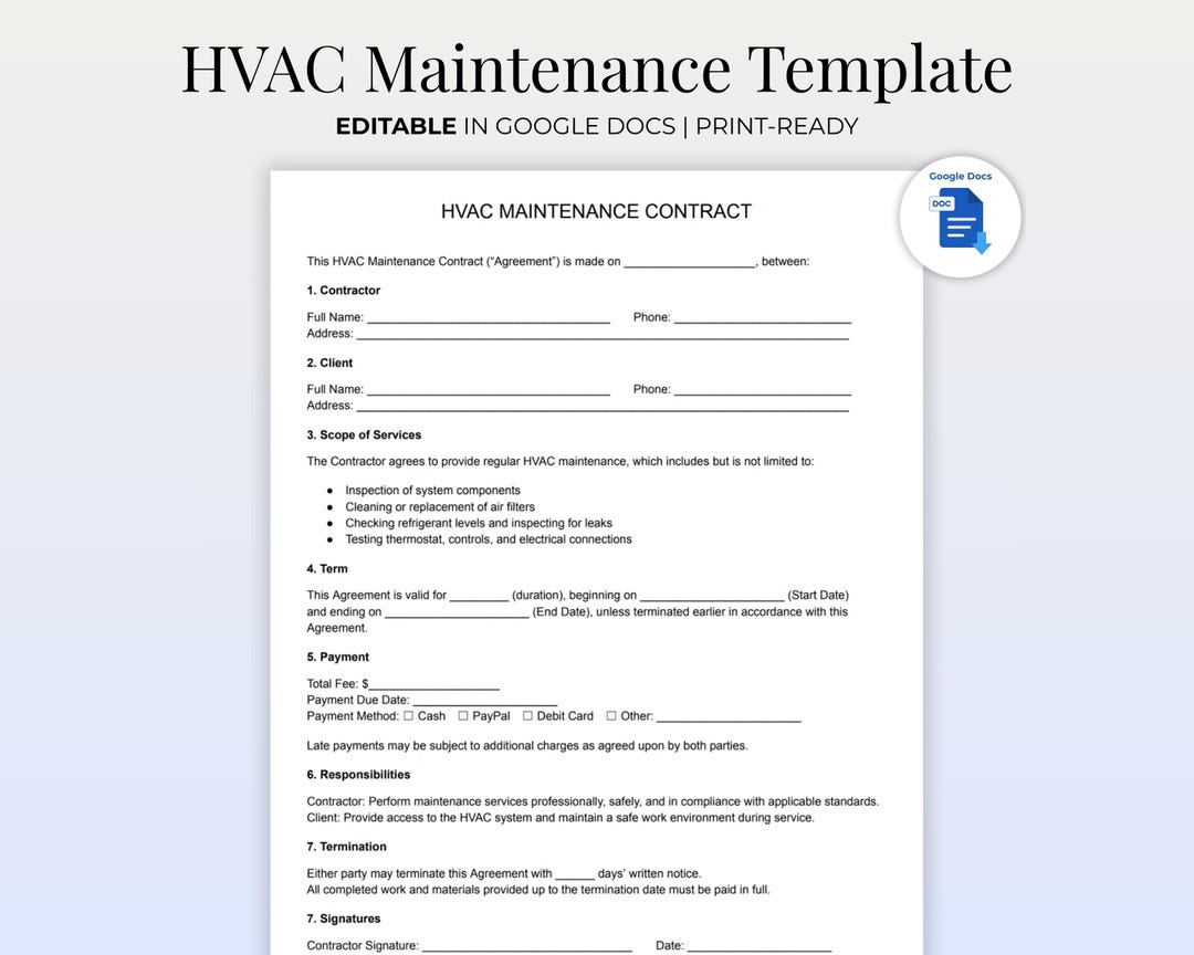 Editable HVAC Maintenance Contract (google Docs) | Heating & Cooling ...