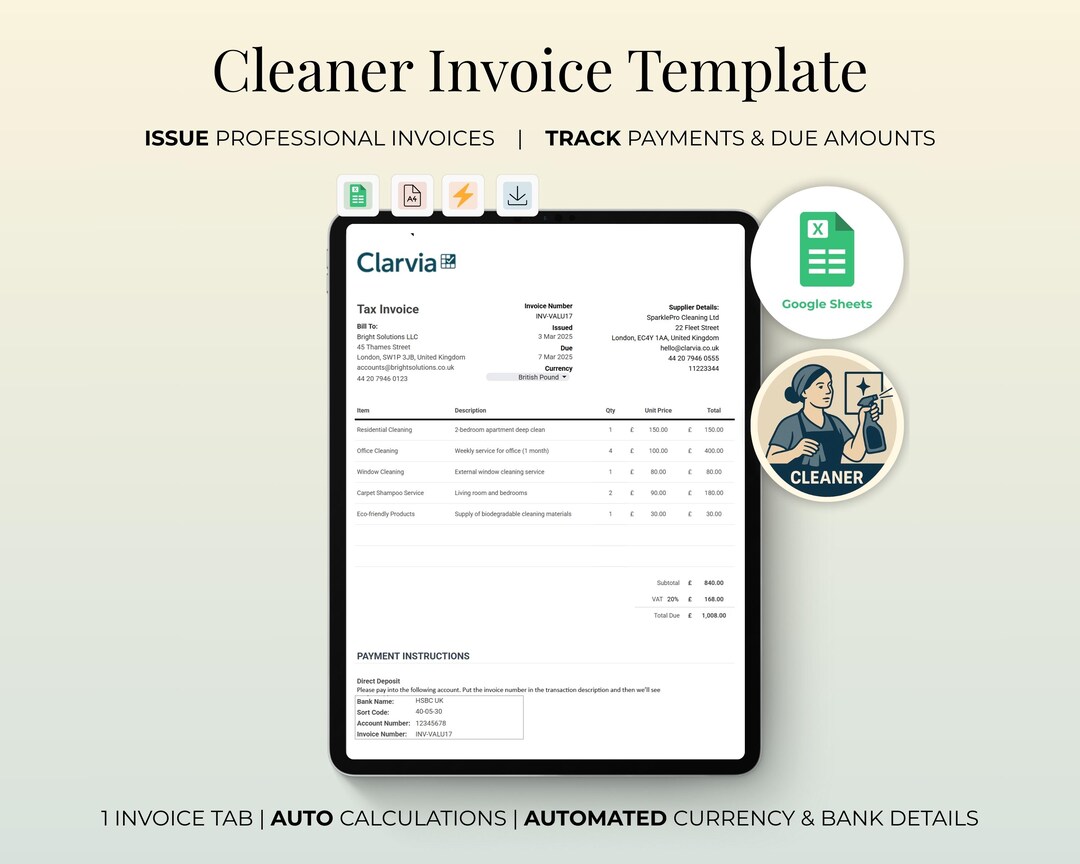 Cleaner Invoice Template | Google Sheets | Residential & Commercial ...