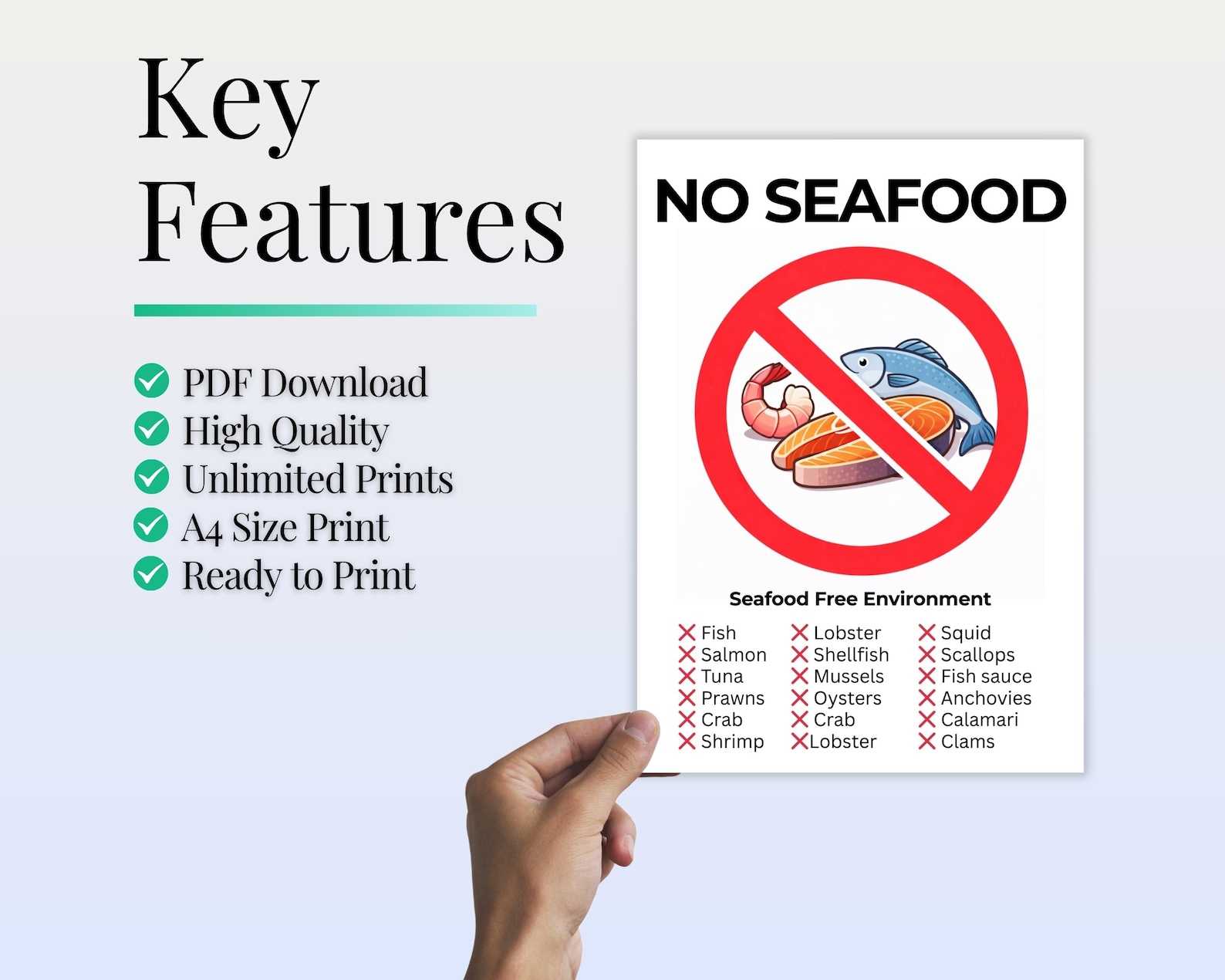 No Seafood Sign Printable A4 | Seafood Free Environment Poster ...