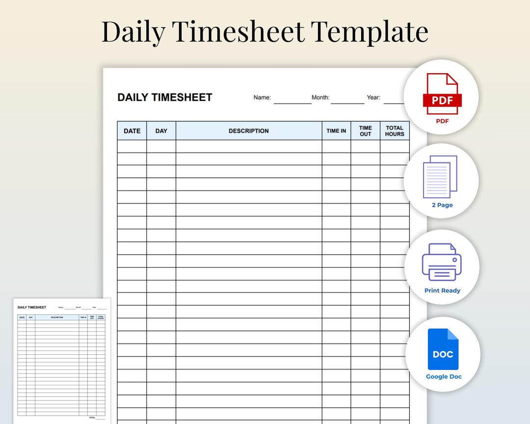 Daily Timesheet A4 | Printable & Editable Google Docs Time Log Sheet ...