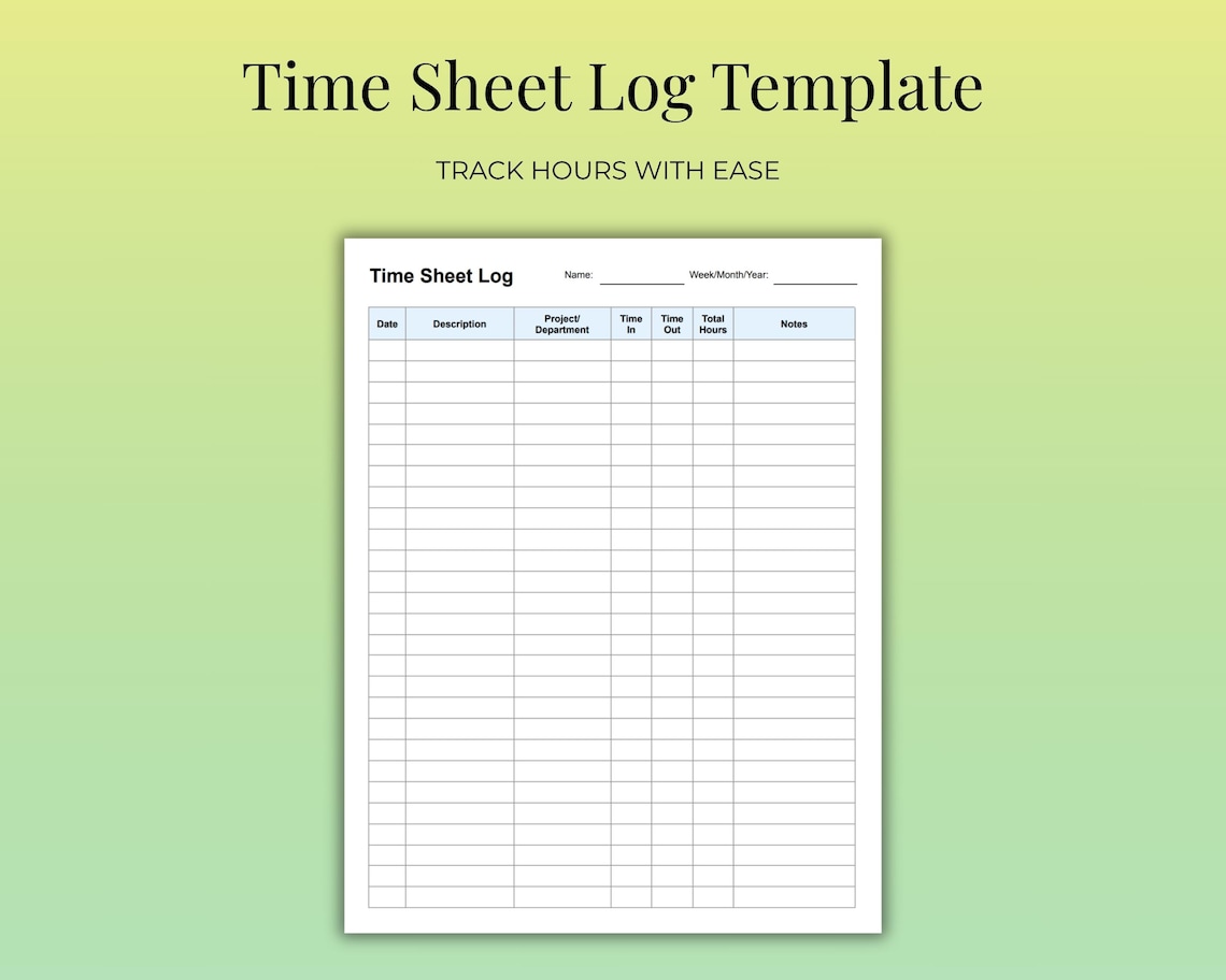 Time Sheet Log Template Editable & Printable | A4 Timesheet PDF and ...