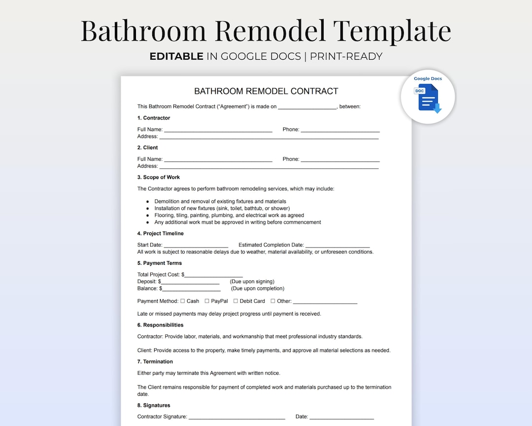 Editable Bathroom Remodel Contract (google Docs) | Renovation Agreement ...