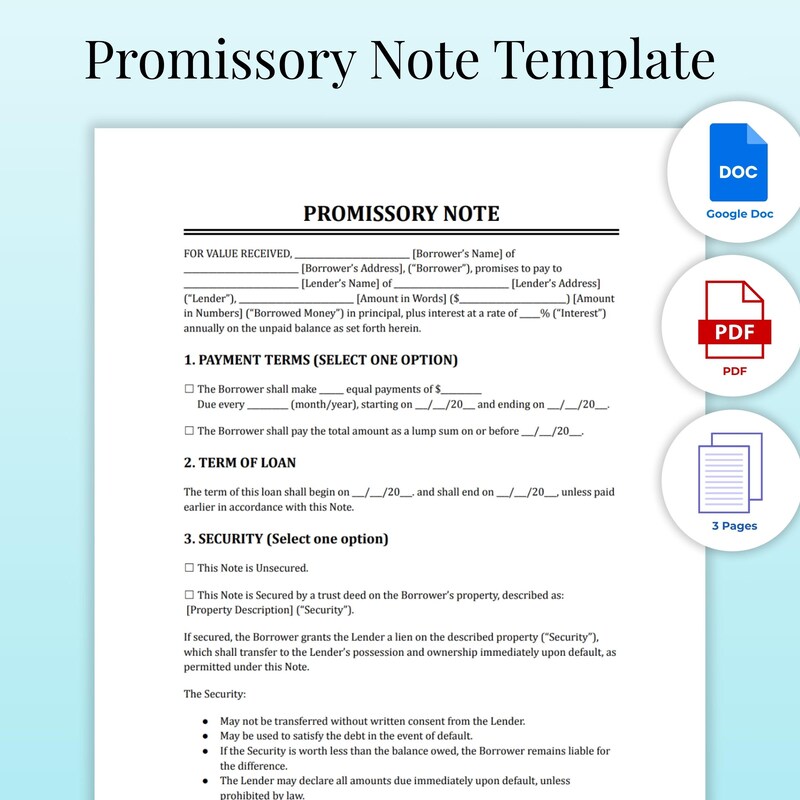 Promissory Note Template - Etsy