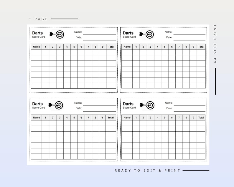 Printable Darts Score Card | Darts Game Score Sheet | Pub Night Game ...