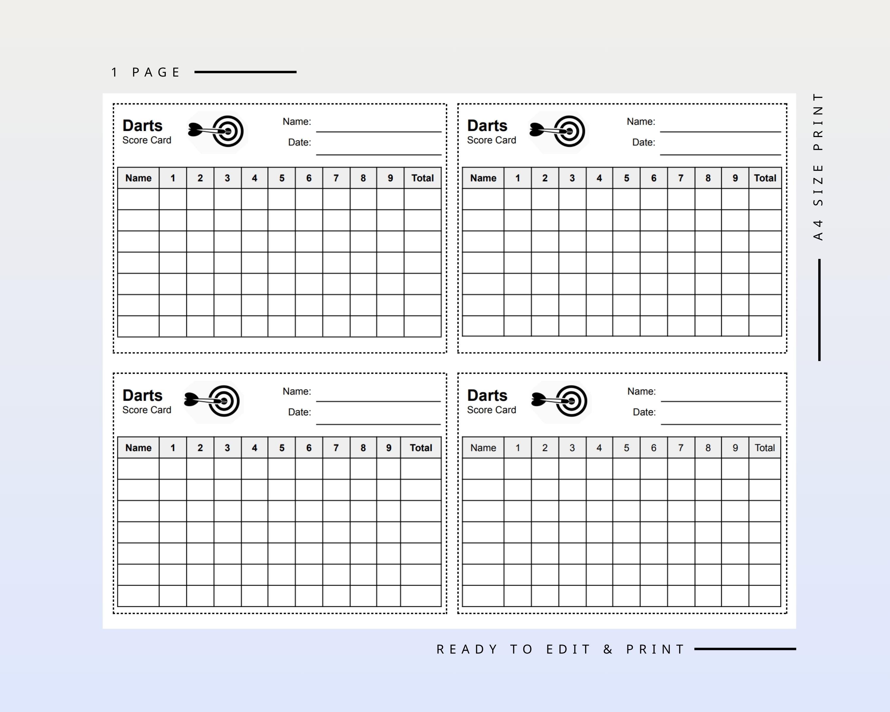 Printable Darts Score Card | Darts Game Score Sheet | Pub Night Game ...