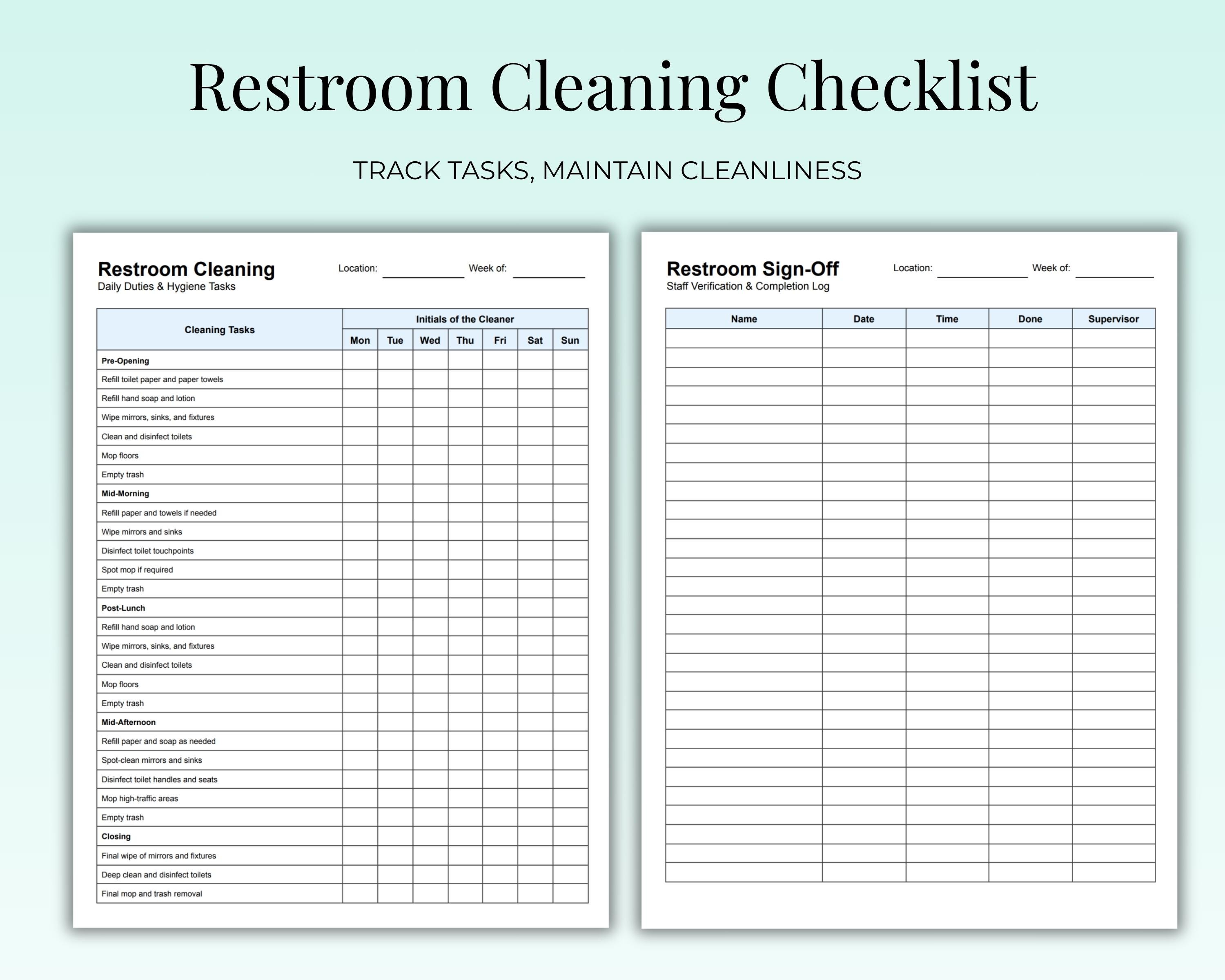 Editable Restroom Cleaning Checklist Template | Daily Bathroom Cleaning Log Printable PDF ...