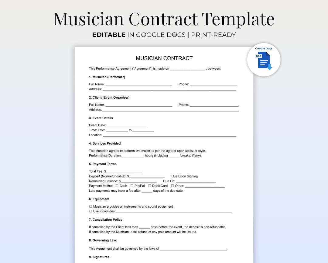 Editable Musician Contract Template (google Docs) | Band Performance ...