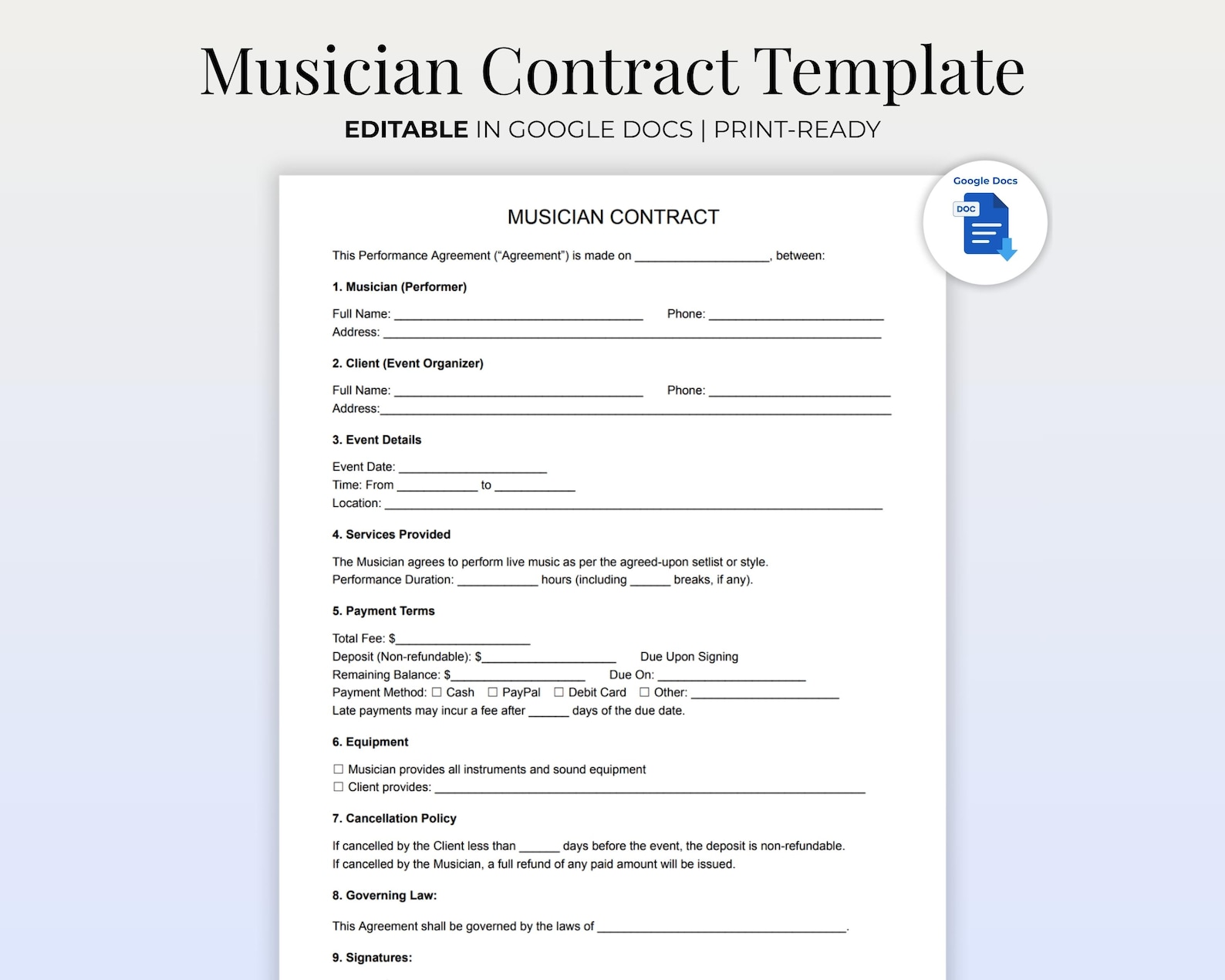 Editable Musician Contract Template (google Docs) | Band Performance ...