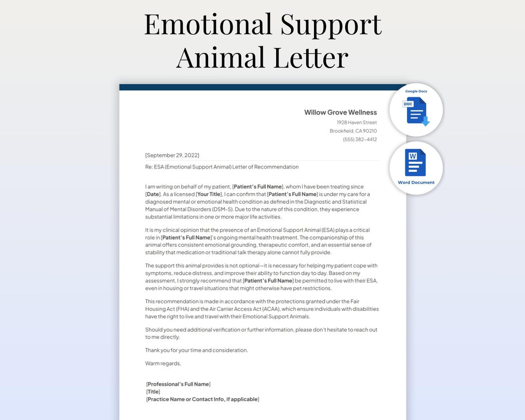 Emotional Support Animal Esa Letter Template Editable Therapist Note