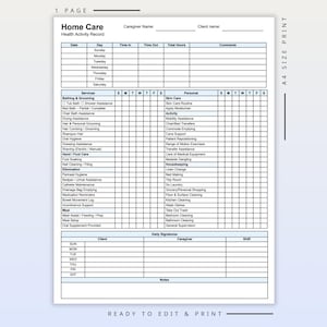 Home Health Caregiver Log Sheet | Daily Care Report, Caregiver ...