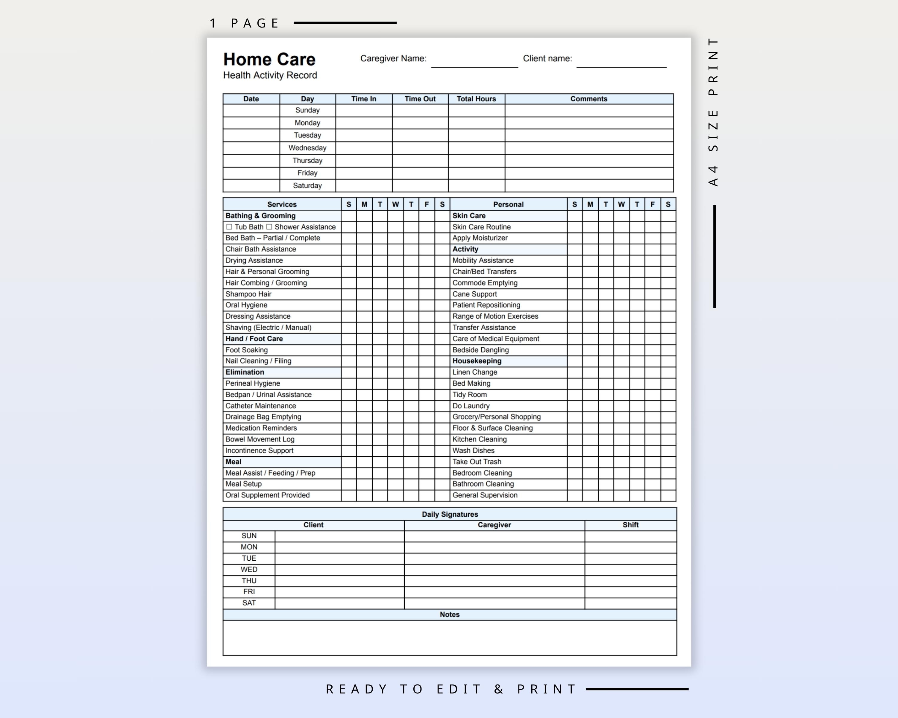 Home Health Caregiver Log Sheet | Daily Care Report, Caregiver ...