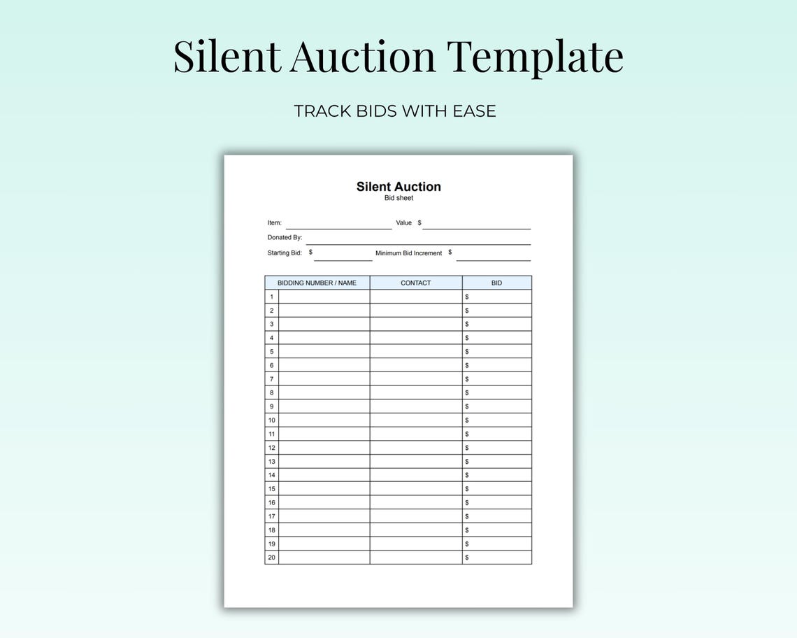 Silent Auction Bid Sheet A4 Printable PDF & Editable Google Docs ...