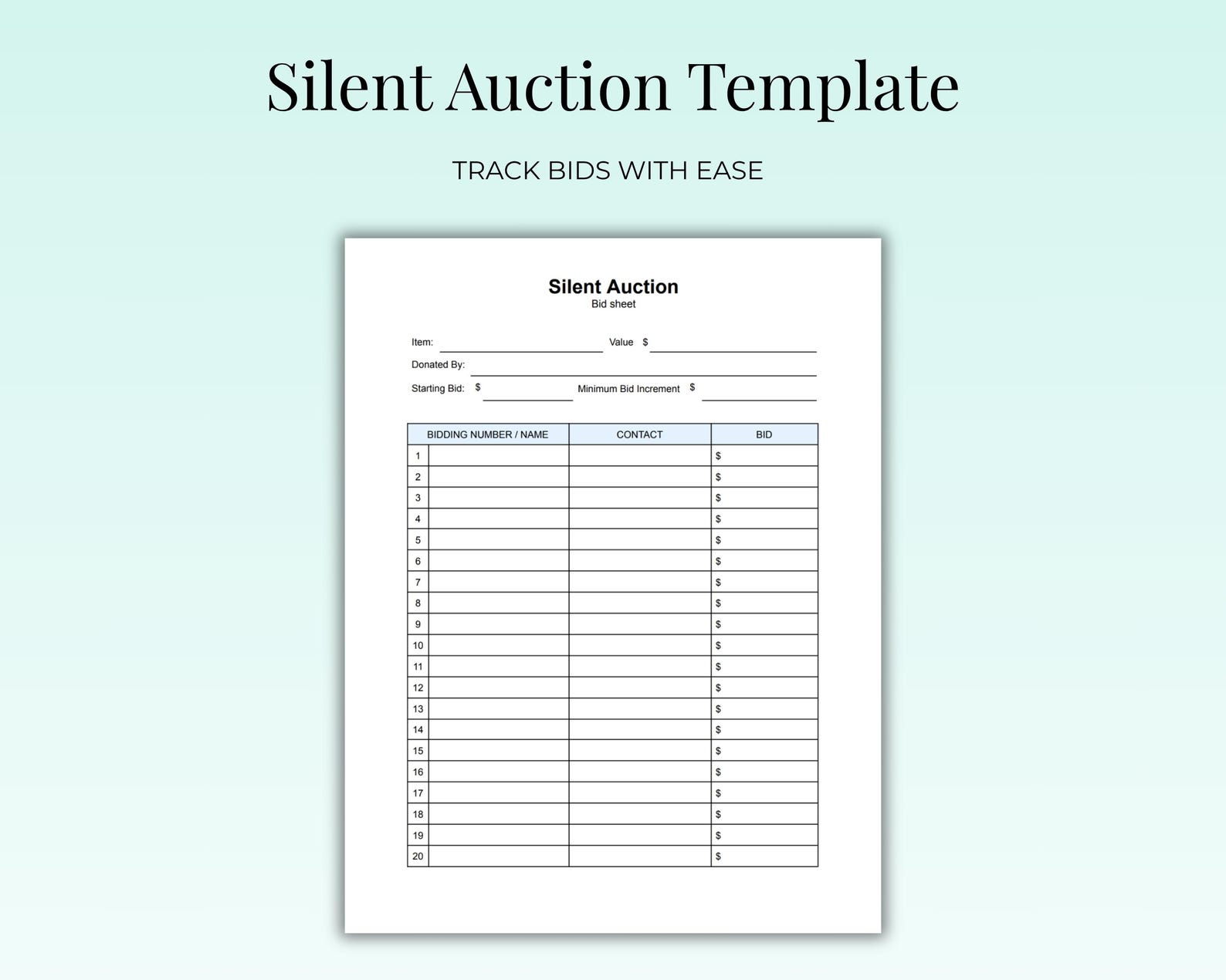 Silent Auction Bid Sheet A4 Printable PDF & Editable Google Docs ...