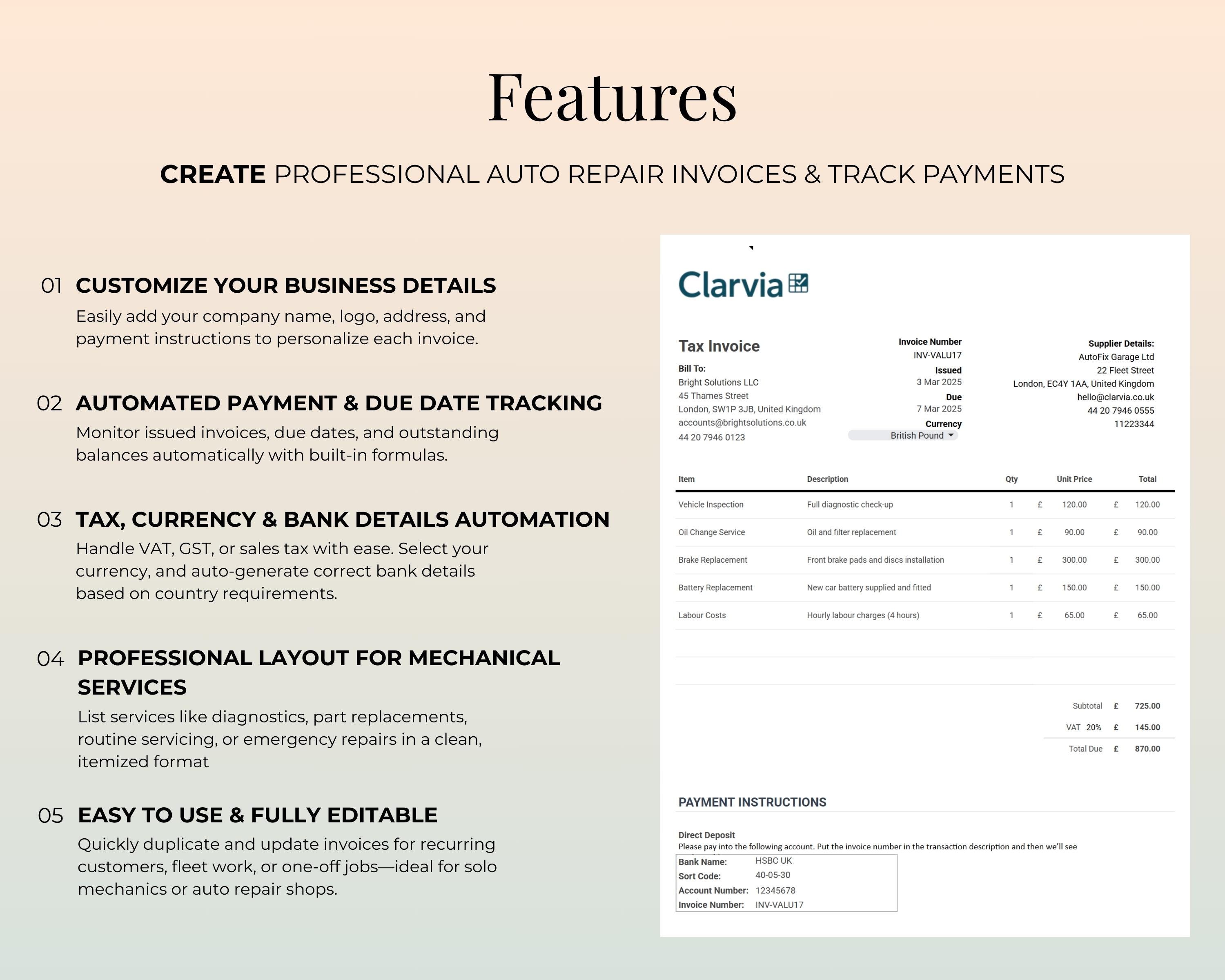 Mechanic Auto Repair Invoice Template | Google Sheets | Editable | Auto ...